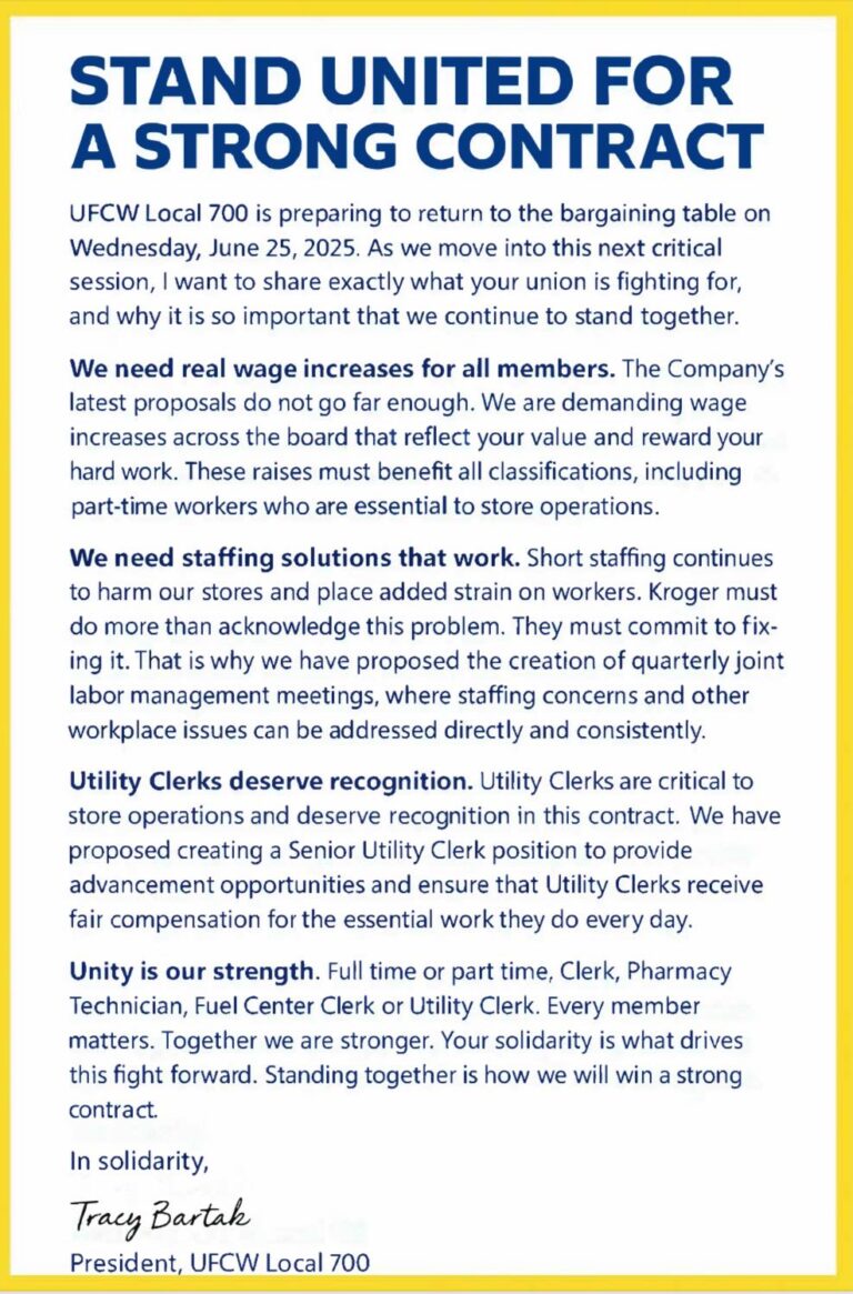 STAND UNITED FOR A STRONG CONTRACT – Statement from President Bartak